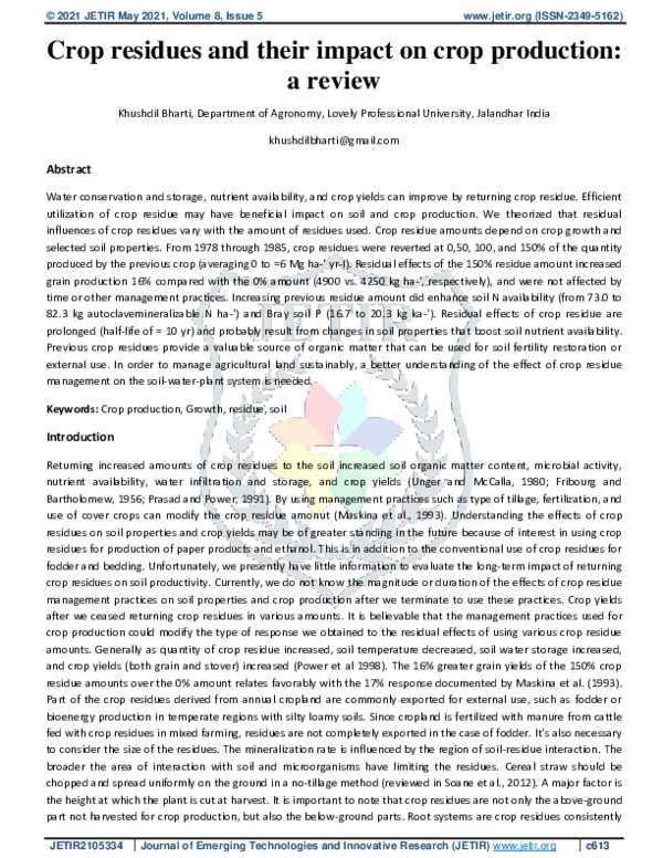 (PDF) Crop residues and their impact on crop production: a review