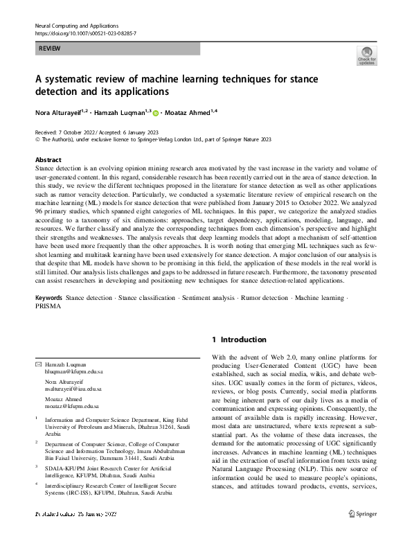 Pdf A Systematic Review Of Machine Learning Techniques For Stance Detection And Its Applications