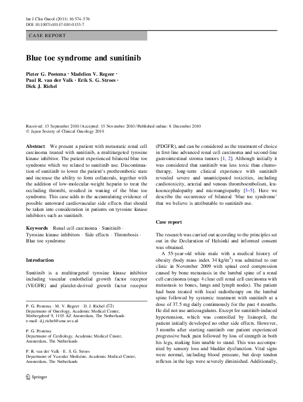 (PDF) Blue toe syndrome and sunitinib