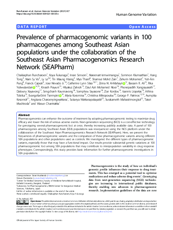 (PDF) Prevalence of pharmacogenomic variants in 100 pharmacogenes among ...