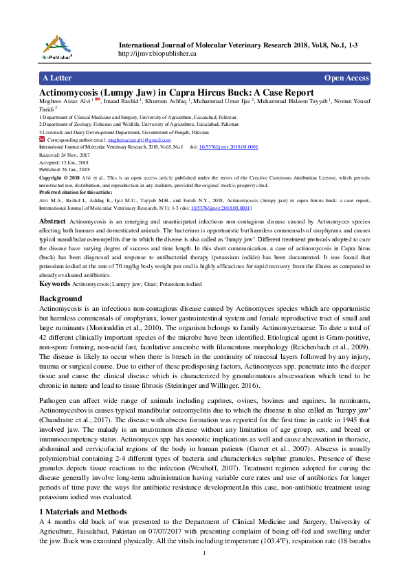 (PDF) Actinomycosis (Lumpy Jaw) in Capra Hircus Buck: A Case Report ...