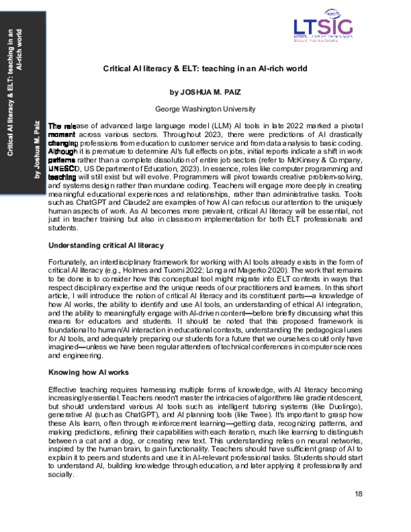 (PDF) Critical AI Literacy & ELT: Teaching in an AI-rich World