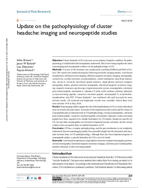 (PDF) Update on the pathophysiology of cluster headache: imaging and ...