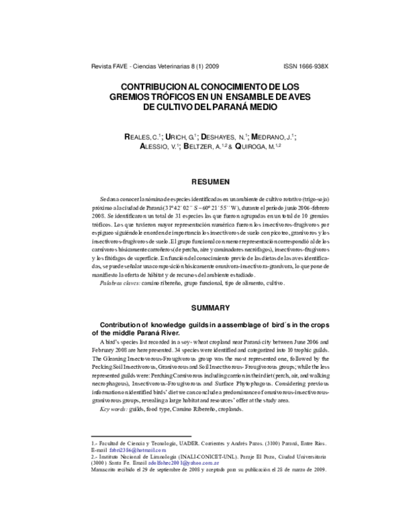 (PDF) Contribución al Conocimiento de los Gremios Tróficos en un Ensamble de Aves de Cultivo del ...