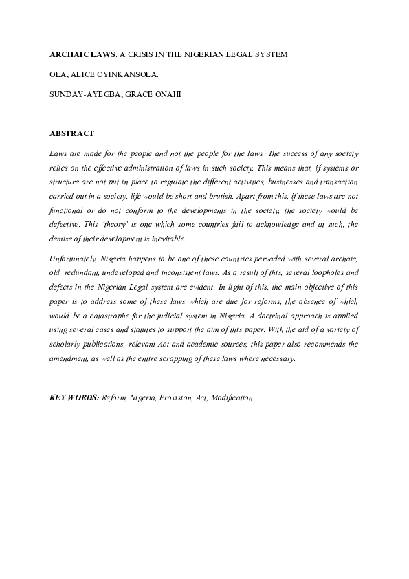 (DOC) ARCHAIC LAWS: A CRISIS IN THE NIGERIAN LEGAL SYSTEM