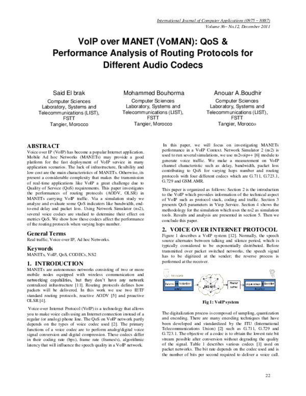 (PDF) VoIP over MANET (VoMAN): QoS & Performance Analysis of Routing ...