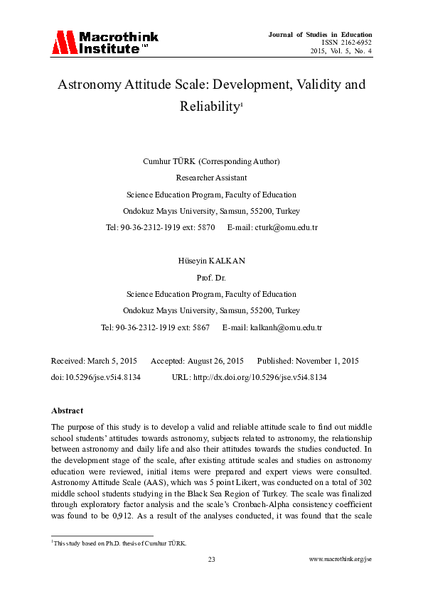(PDF) Astronomy Attitude Scale: Validation and Reliability