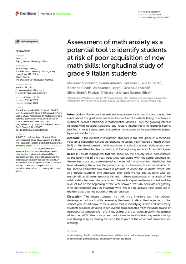(PDF) Assessment of math anxiety as a potential tool to identify ...