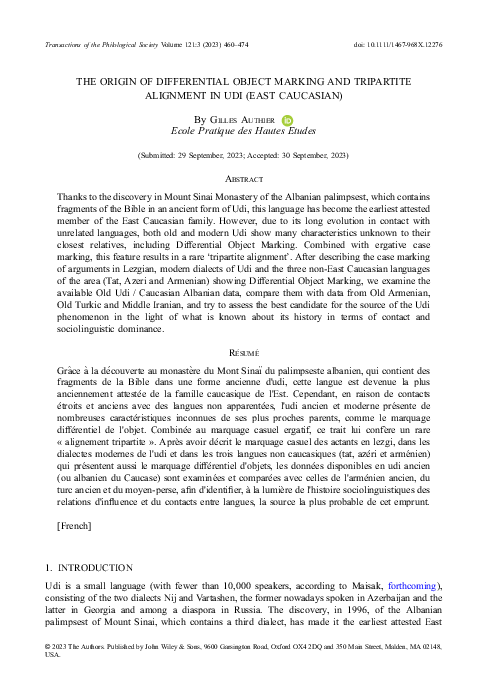 (PDF) The origin of Differential Object Marking and tripartite alignment in Udi (East Caucasian ...