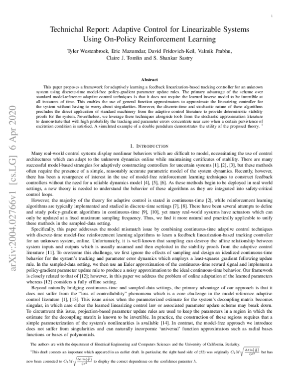 (PDF) Adaptive Control for Linearizable Systems Using On-Policy Reinforcement Learning