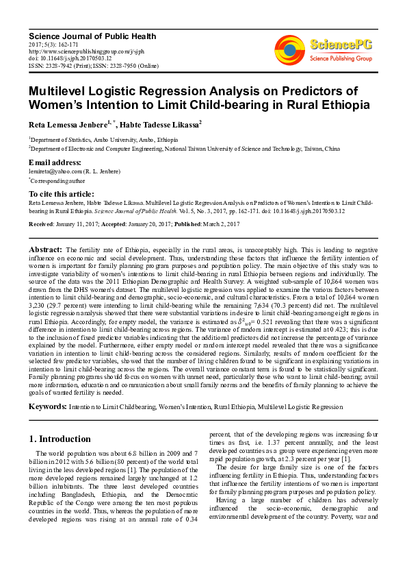(PDF) Multilevel Logistic Regression Analysis on Predictors of Women’s Intention to Limit Child ...
