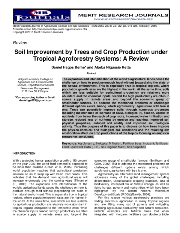 (PDF) Soil Improvement by Trees and Crop Production under Tropical Agroforestry Systems: A Review