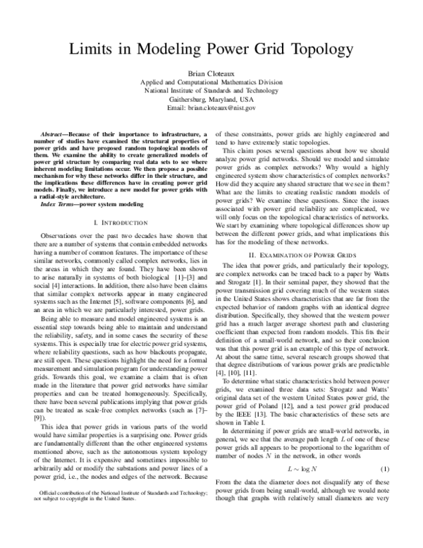 (PDF) Limits in modeling power grid topology