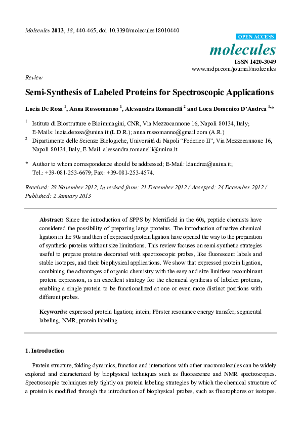 (PDF) Semi-Synthesis of Labeled Proteins for Spectroscopic Applications
