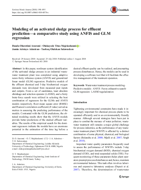 (PDF) Modeling of an activated sludge process for effluent prediction-a comparative study using ...
