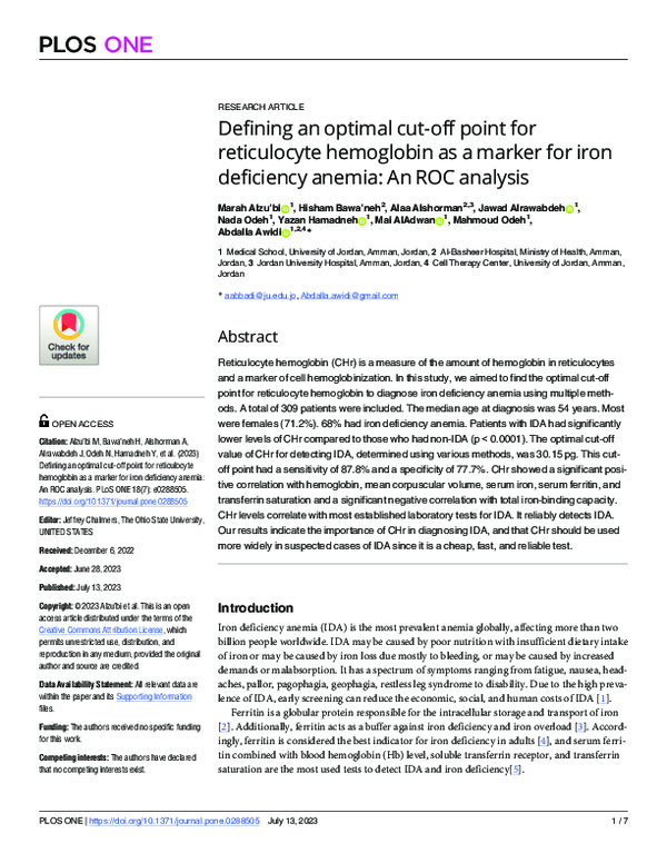 (PDF) Defining an optimal cut-off point for reticulocyte hemoglobin as ...