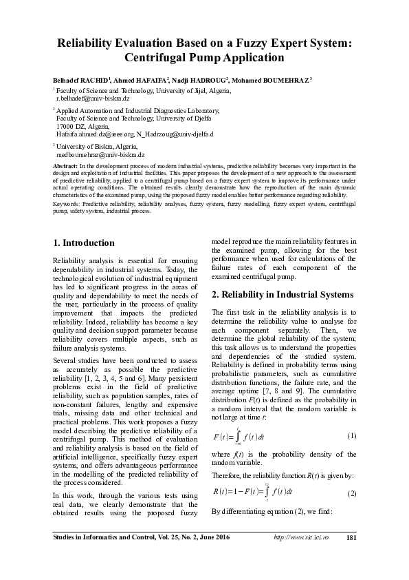 (PDF) Reliability Evaluation Based on a Fuzzy Expert System: Centrifugal Pump Application ...