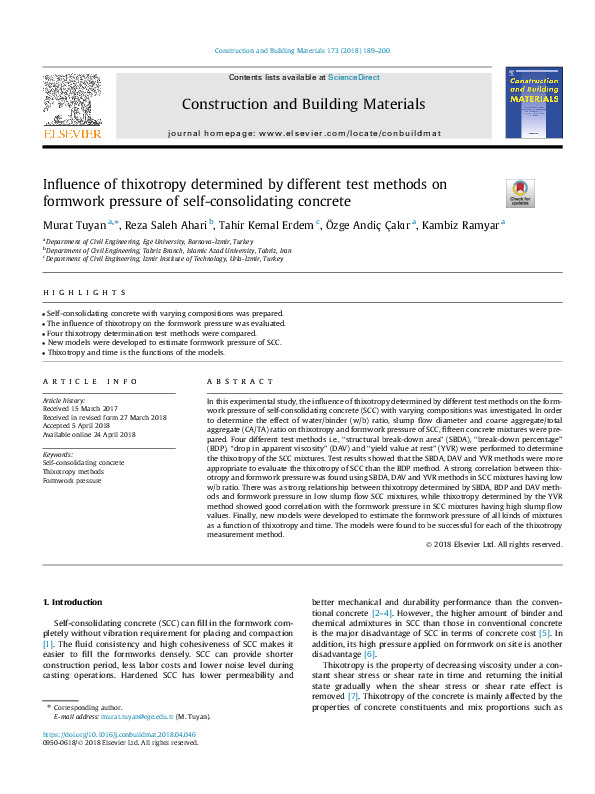 Pdf Influence Of Thixotropy Determined By Different Test Methods On Formwork Pressure Of Self