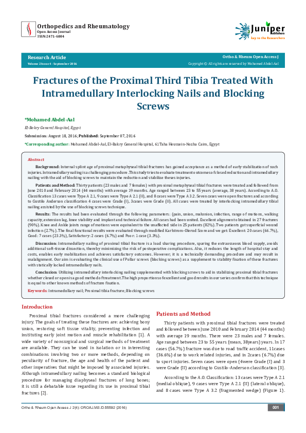 (PDF) Fractures of the Proximal Third Tibia Treated With Intramedullary ...