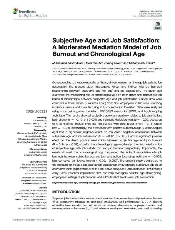 (PDF) Subjective Age and Job Satisfaction: A Moderated Mediation Model of Job Burnout and ...