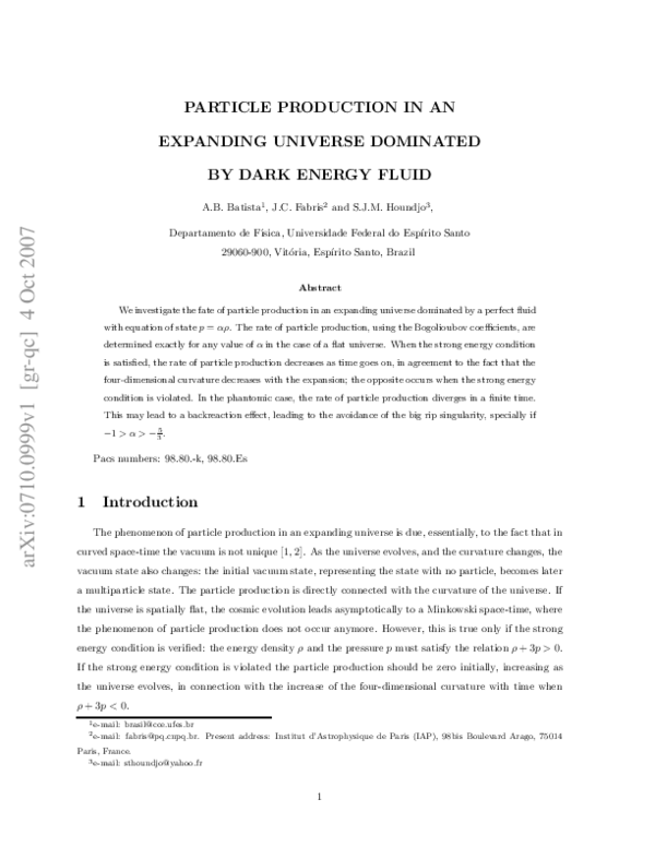 (PDF) Particle production in an expanding universe dominated by dark energy fluid