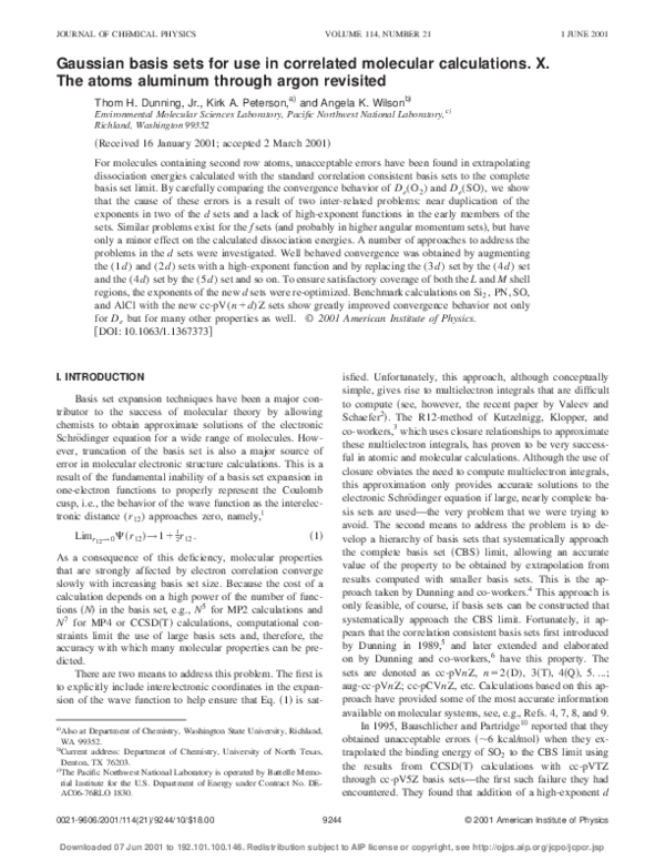 (PDF) Gaussian basis sets for use in correlated molecular calculations. X. The atoms aluminum ...