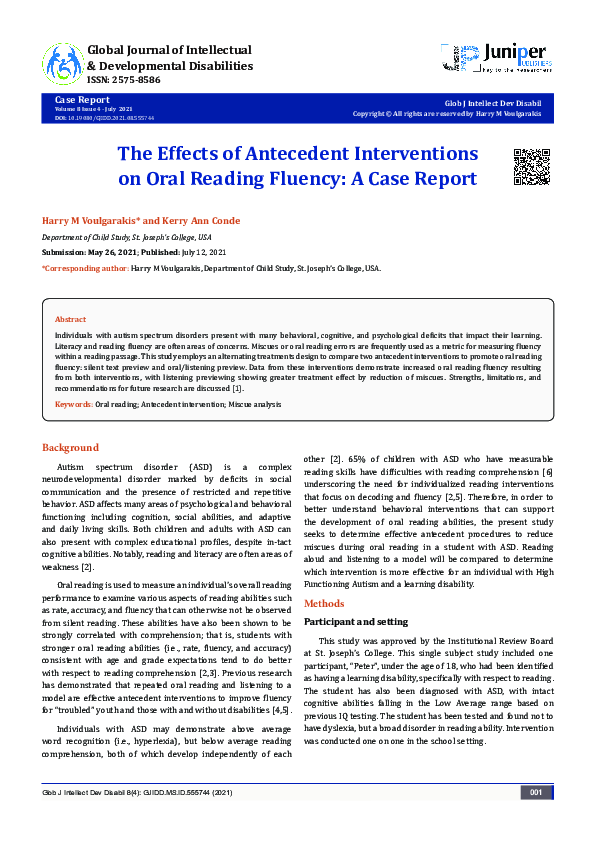 (PDF) The Effects of Antecedent Interventions on Oral Reading Fluency: A Case Report