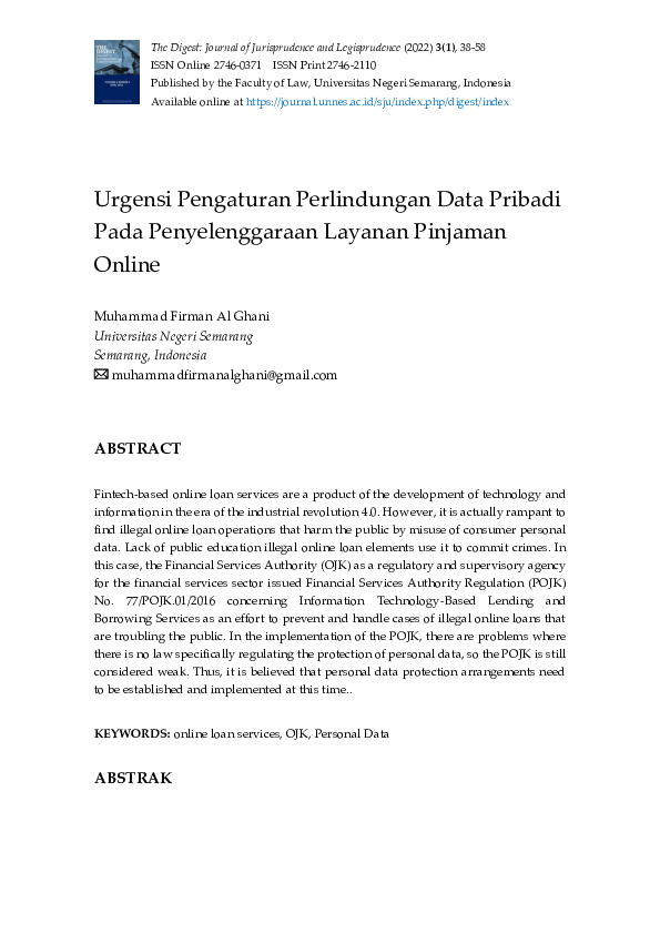 (PDF) Urgensi Pengaturan Perlindungan Data Pribadi Pada Penyelenggaraan Layanan Pinjaman Online