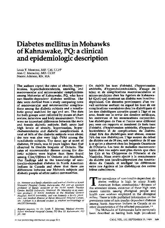 (PDF) Diabetes mellitus in Mohawks of Kahnawake, PQ: a clinical and ...