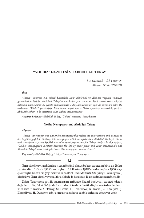 (PDF) “Yoldiz” Gazetesi̇ Ve Abdullah Tukay