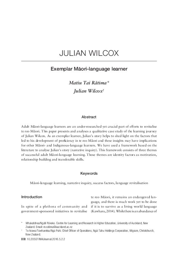 (PDF) Julian Wilcox: Exemplar Māori language learner | Matiu Ratima ...