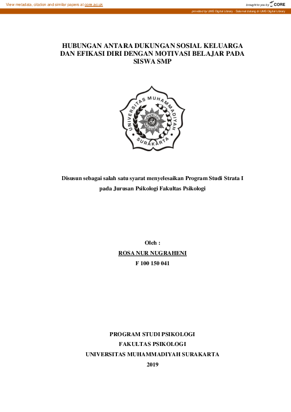(PDF) Hubungan Antara Dukungan Sosial Keluarga dan Efikasi Diri dengan Motivasi Belajar pada ...