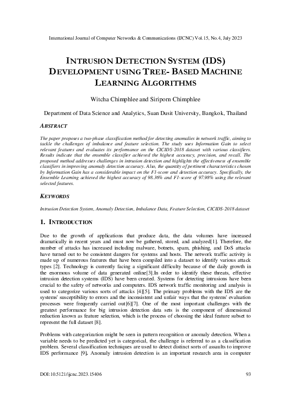 (PDF) Intrusion Detection System(IDS) Development Using Tree-Based Machine Learning Algorithms