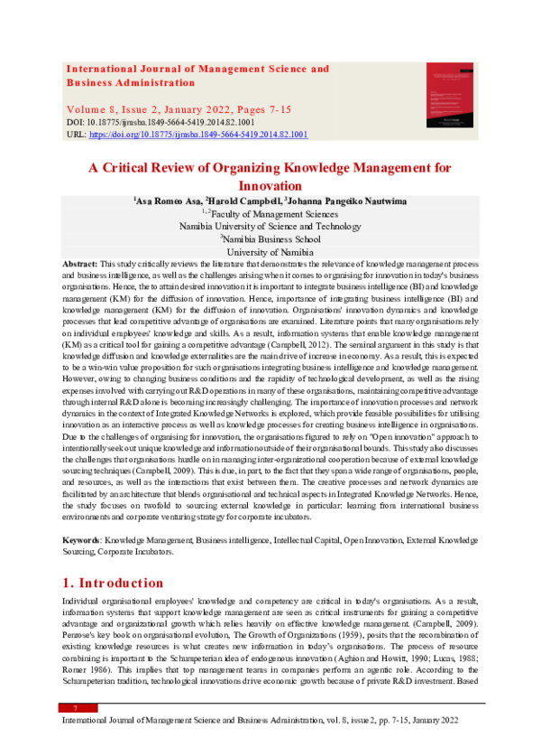 (PDF) A Critical Review of Organizing Knowledge Management for Innovation