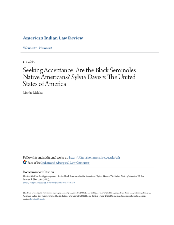 (PDF) Seeking Acceptance: Are the Black Seminoles Native Americans? Sylvia Davis v. the United ...