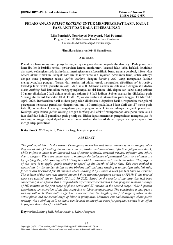 (PDF) Pelaksanaan Pelvic Rocking Untuk Mempercepat Lama Kala I Fase ...
