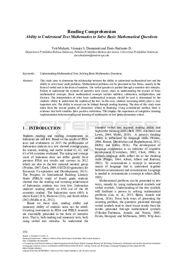 (PDF) Reading Comprehension - Ability to Understand Text Mathematics to ...