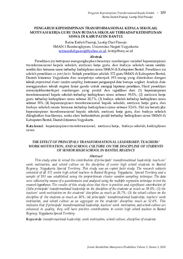 (PDF) Pengaruh Kepemimpinan Transformasional Kepala Sekolah, Motivasi Kerja Guru Dan Budaya ...