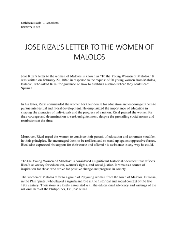 (PDF) JOSE RIZAL'S LETTER TO THE WOMEN OF MALOLOS