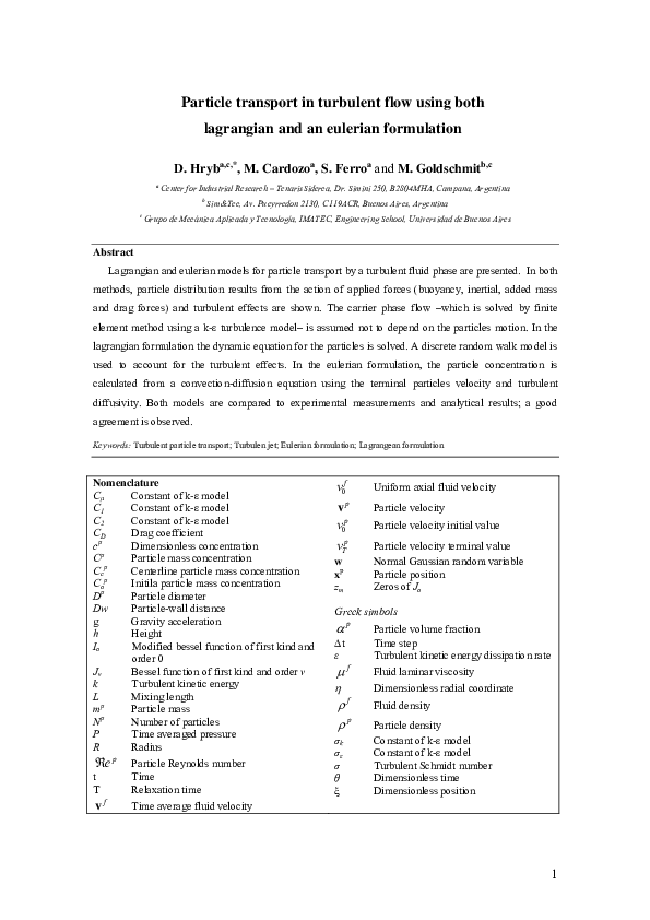 Pdf Particle Transport In Turbulent Flow Using Both Lagrangian And Eulerian Formulations 
