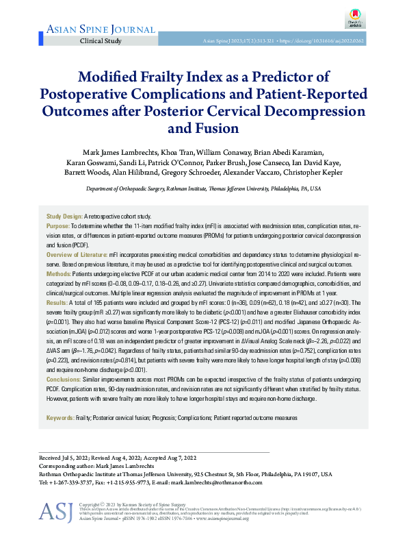 (PDF) Modified Frailty Index as a Predictor of Postoperative ...