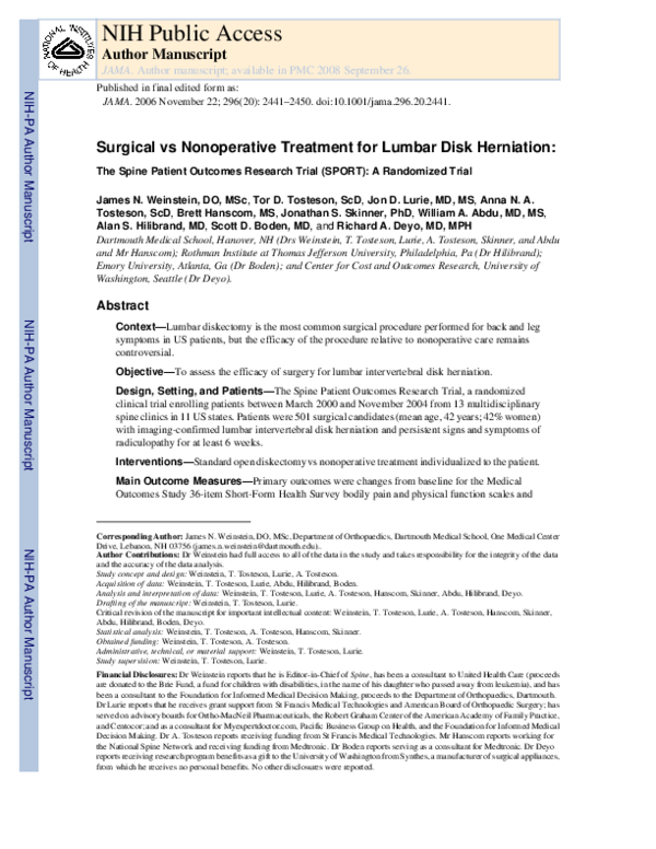 (PDF) Surgical vs Nonoperative Treatment for Lumbar Disk Herniation ...