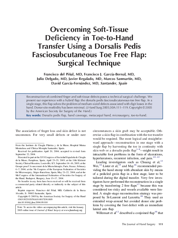 (PDF) Overcoming soft-tissue deficiency in toe-to-hand transfer using a ...