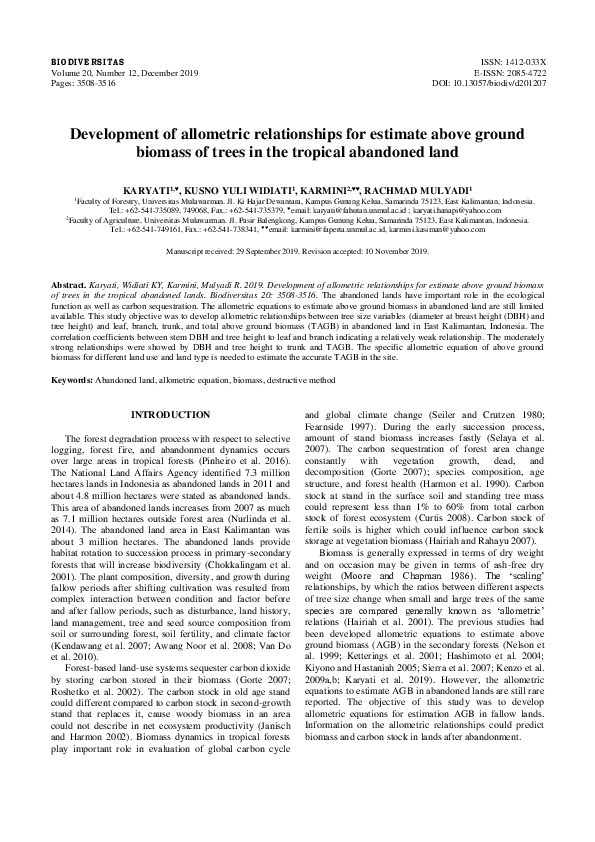 (PDF) Development of allometric relationships for estimate above ground biomass of trees in the ...