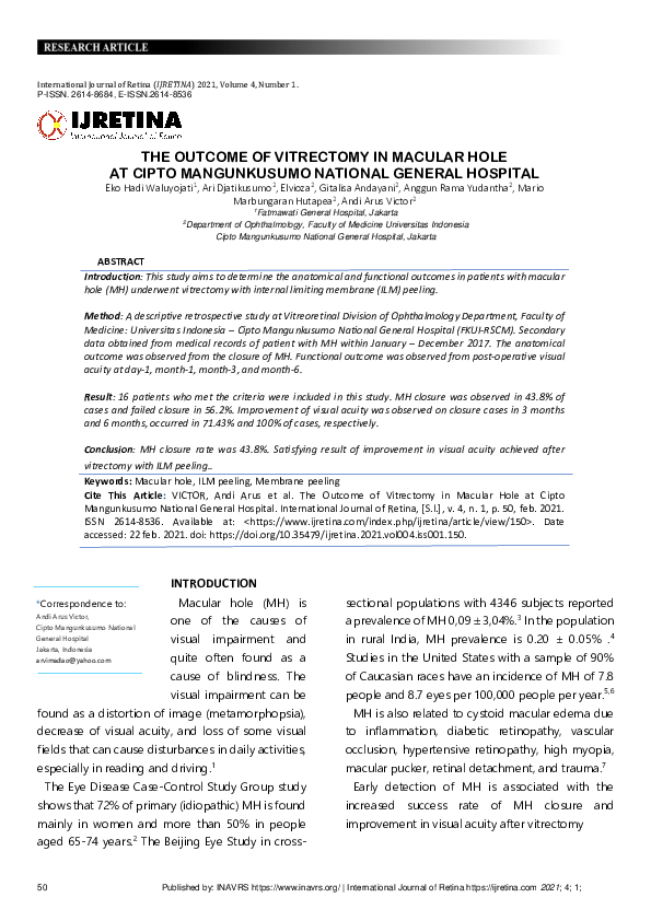 (PDF) The Outcome of Vitrectomy in Macular Hole at Cipto Mangunkusumo National General Hospital