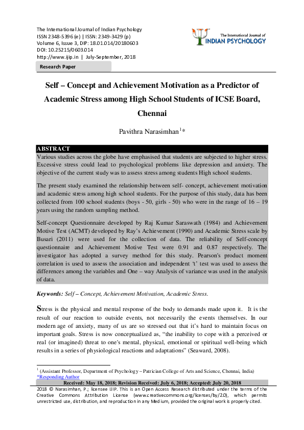 (PDF) Self – Concept and Achievement Motivation as a Predictor of Academic Stress among High ...