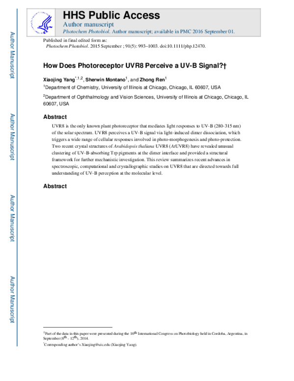 (PDF) How Does Photoreceptor UVR8 Perceive a UV-B Signal?