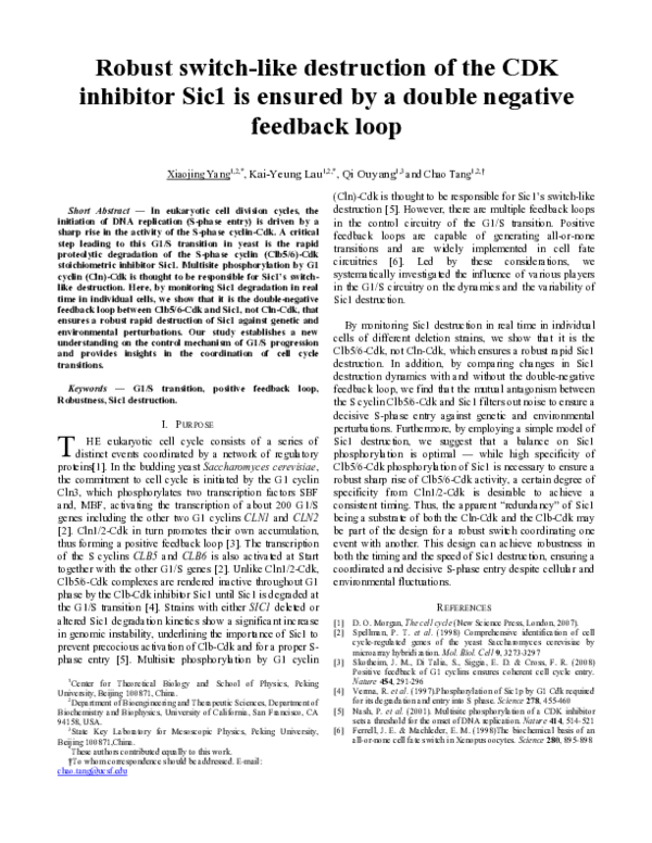 (PDF) Robust switch-like destruction of the CDK inhibitor Sic1 is ensured by a double negative ...