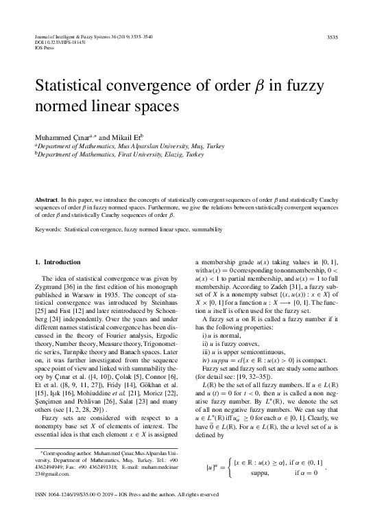 Pdf Statistical Convergence Of Order β In Fuzzy Normed Linear Spaces Muhammed Akif Çınar