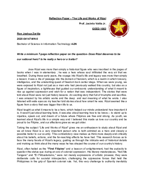 (DOC) Reflection Paper -The Life and Works of Rizal